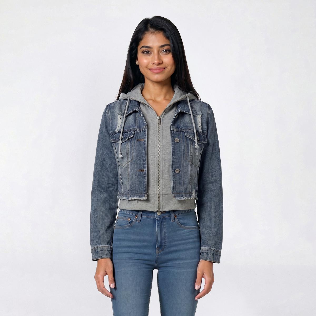 Click here for Juniors Love Tree Crop Layer Denim Jacket with Fle... prices